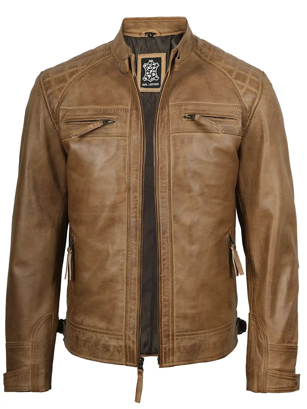 Mens Waxed Camel Leather Jacket - Moto Style – Decrum