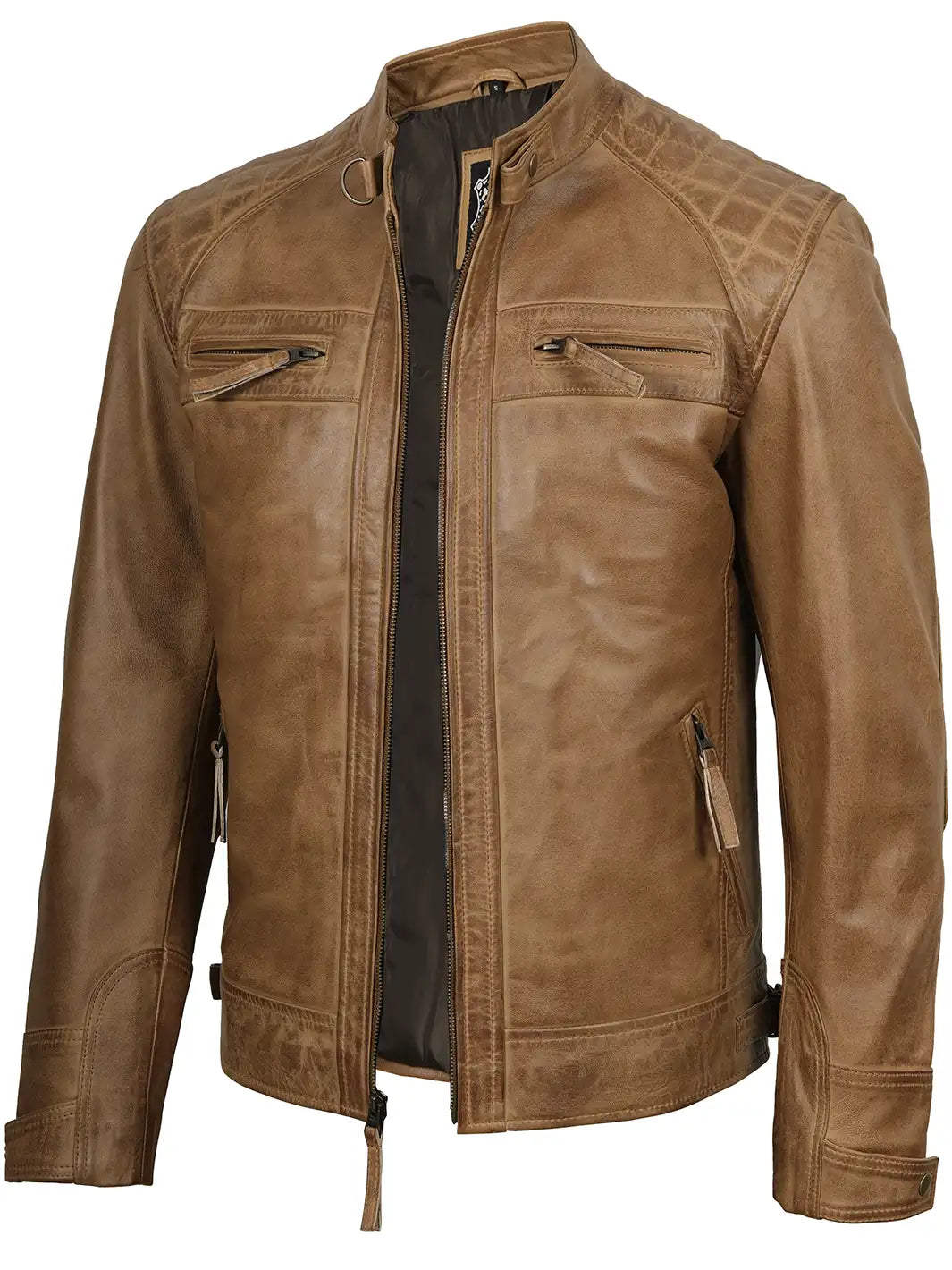 Mens Waxed Camel Leather Jacket - Moto Style – Decrum