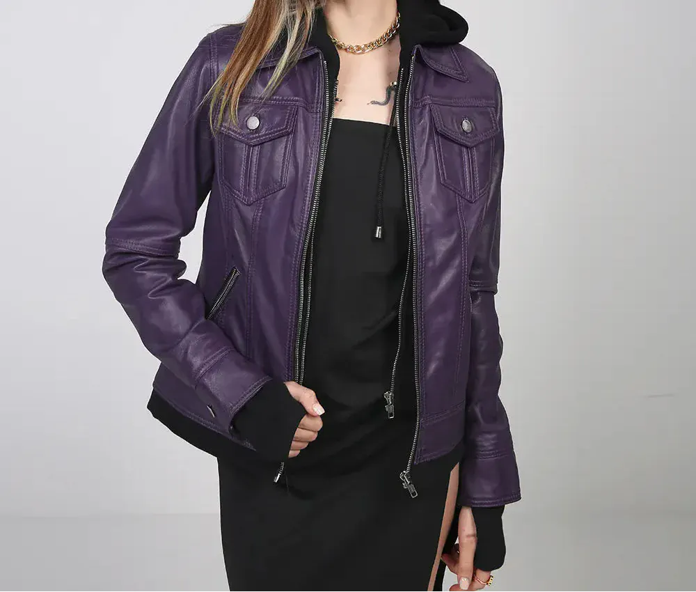 Women's Purple Leather Jacket with Removable Hood – Decrum
