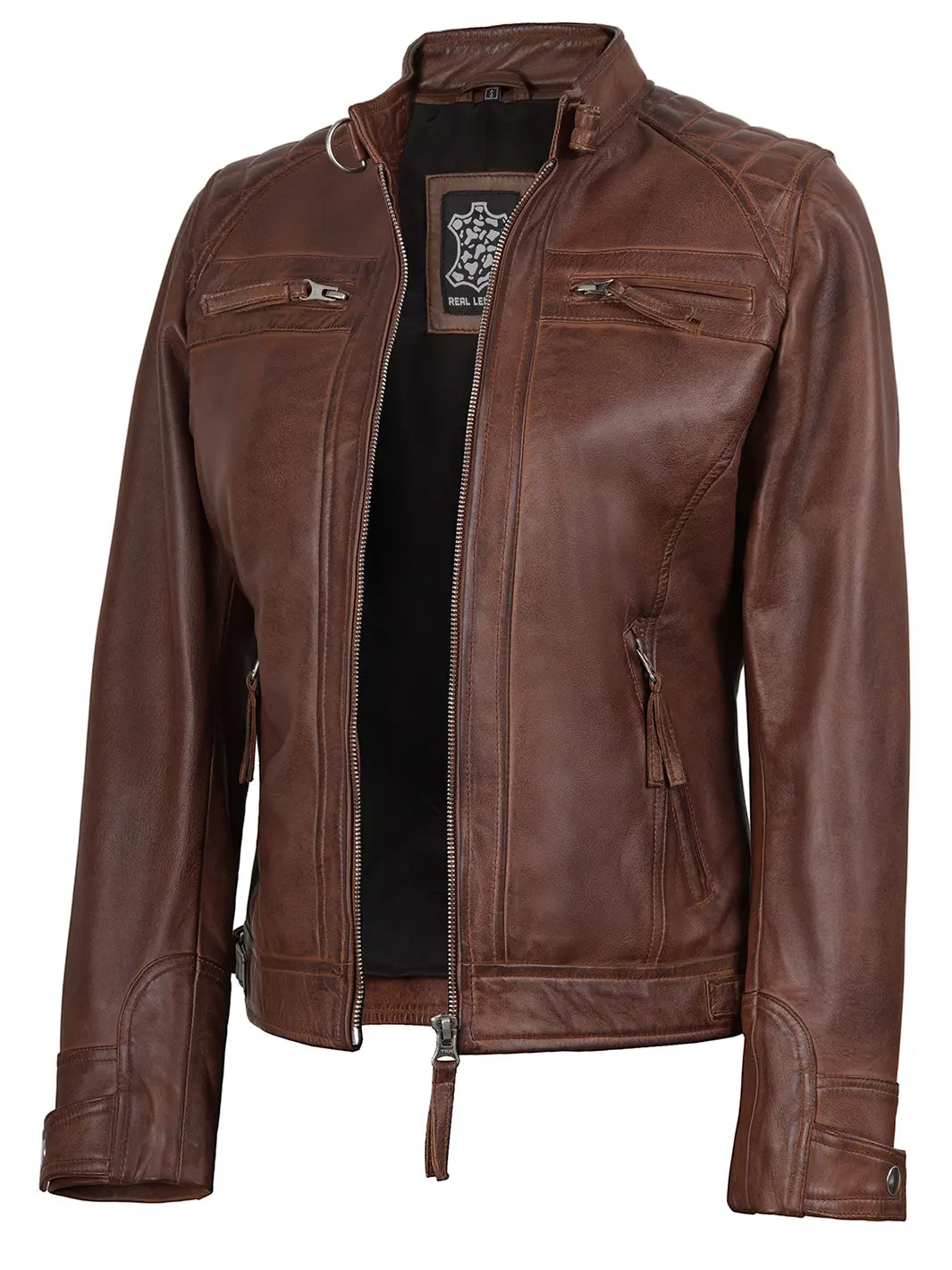 Womens Coganc Brown Leather Jacket – Cafe Racer Style – Decrum