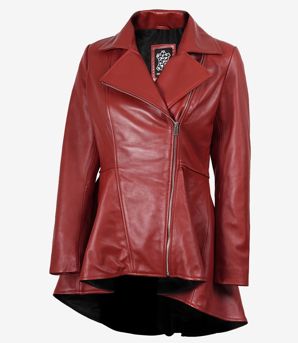 Womens Red Asymmetrical Leather Jacket – Peplum Style – Decrum
